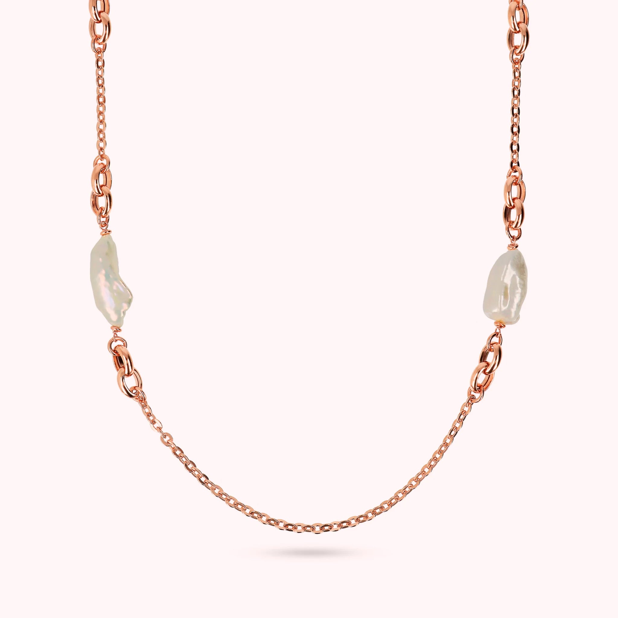 Collana Lunga Catena Rolo con Maglie ad Anelli e Perle d'Acqua Dolce ...